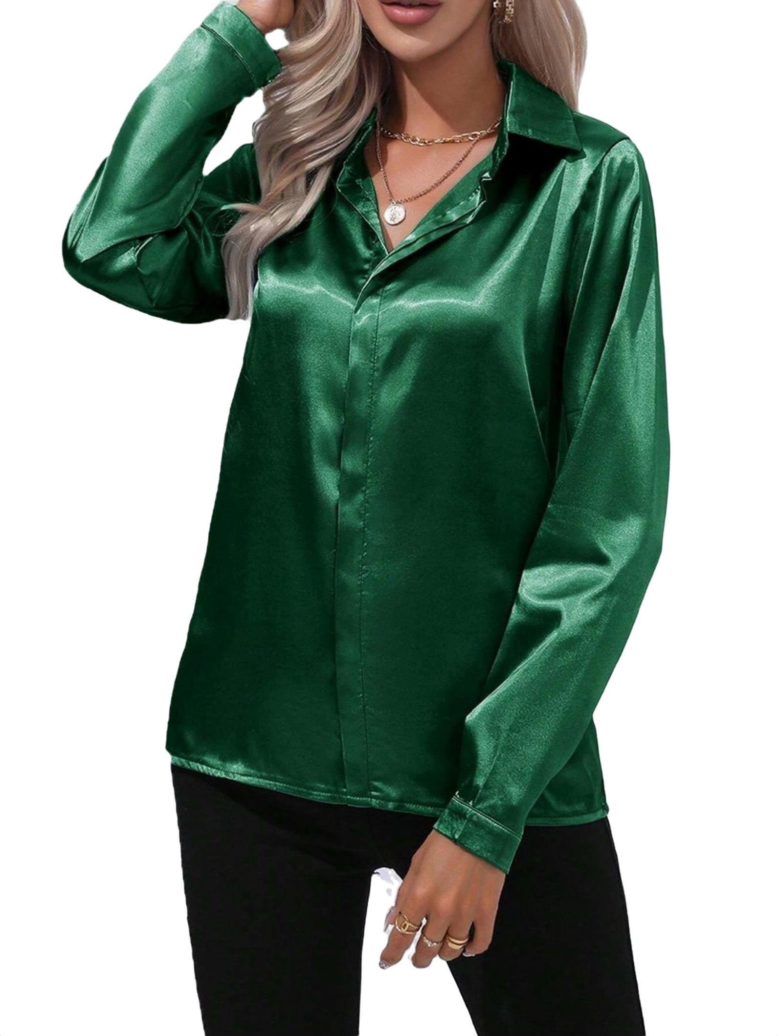 Dark Green Elegant Faux Silk Turndown Collar Single Breasted Blouse for ...