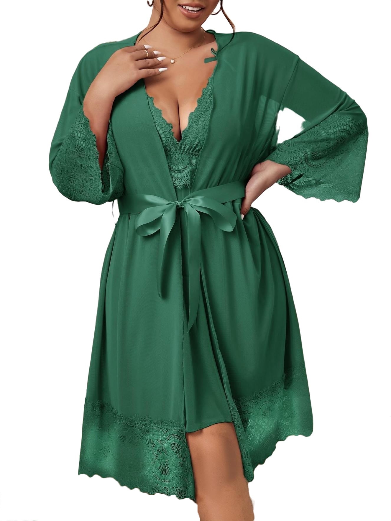 Dark Green Elegant Plain Spaghetti Strap Robe Sets Wrist-Length Sleeve ...