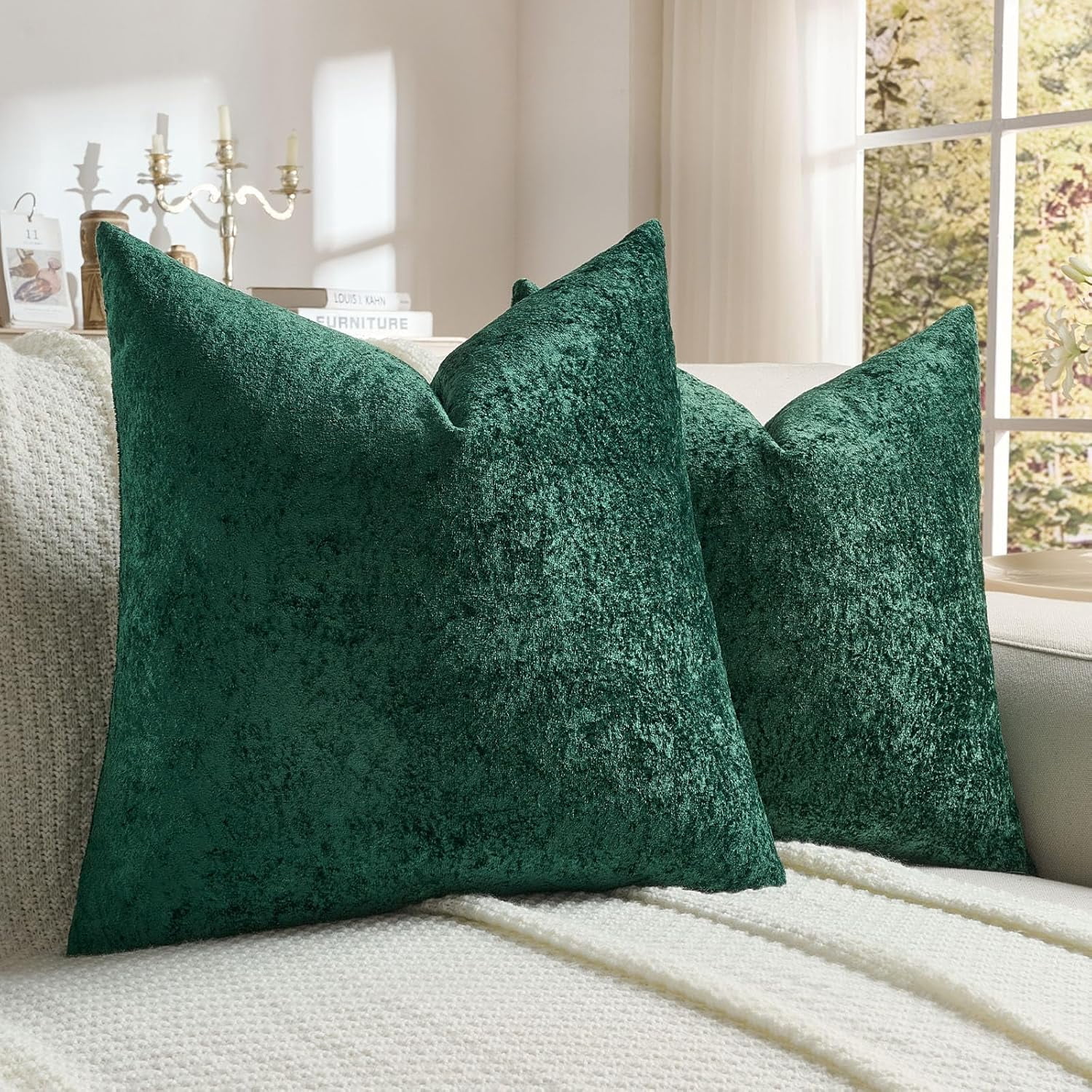 Dark Green Flannel Throw Pillow Covers 24x24 Inch Set of 2,Soft Crushed ...