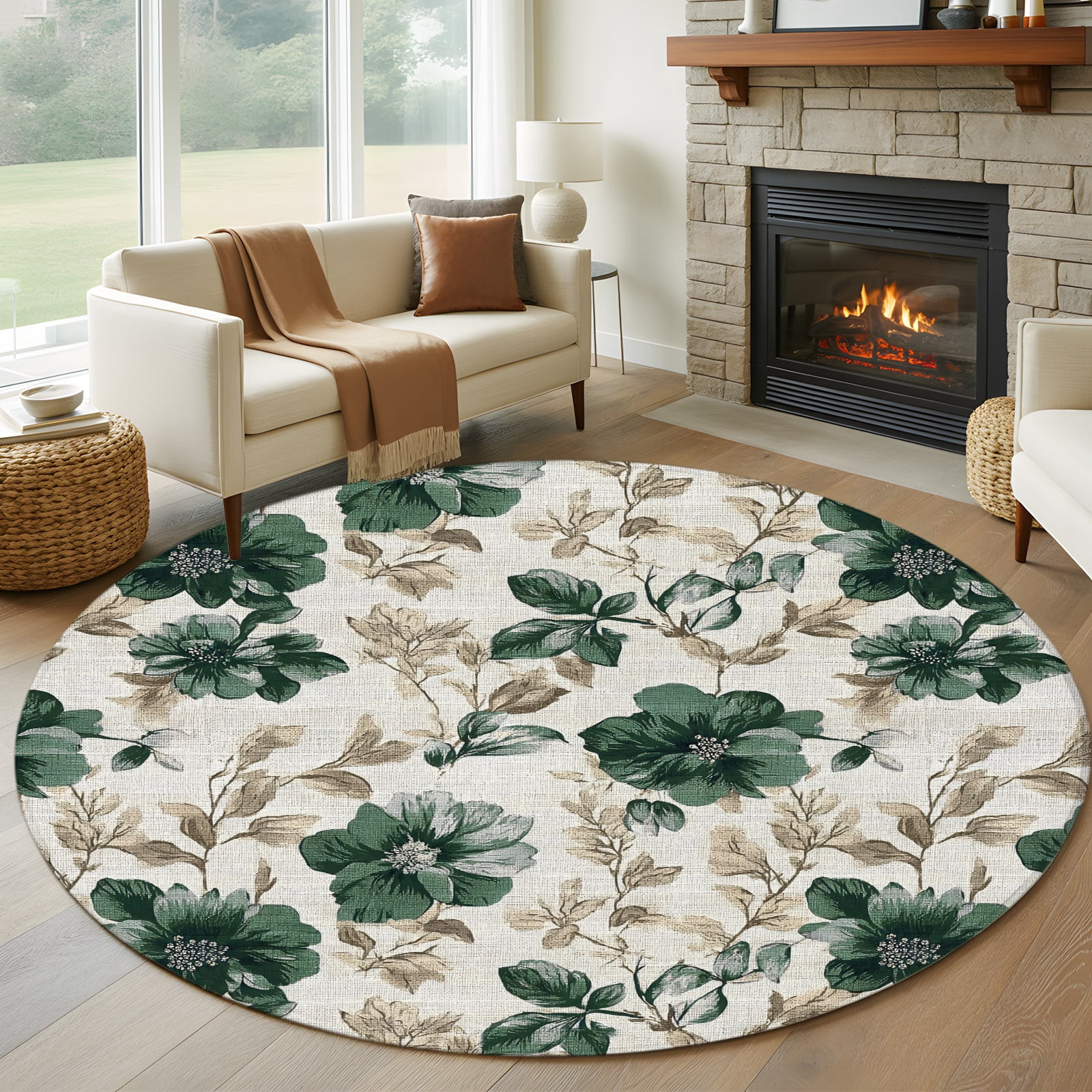 Dark Green Floral 6FT Round Area Rugs for Living Room Vintage Flower ...