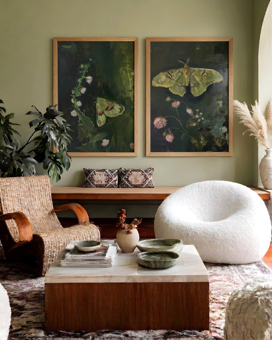 Dark Green Floral Botanical Moody Green Moths Grandmillennial Bedroom ...