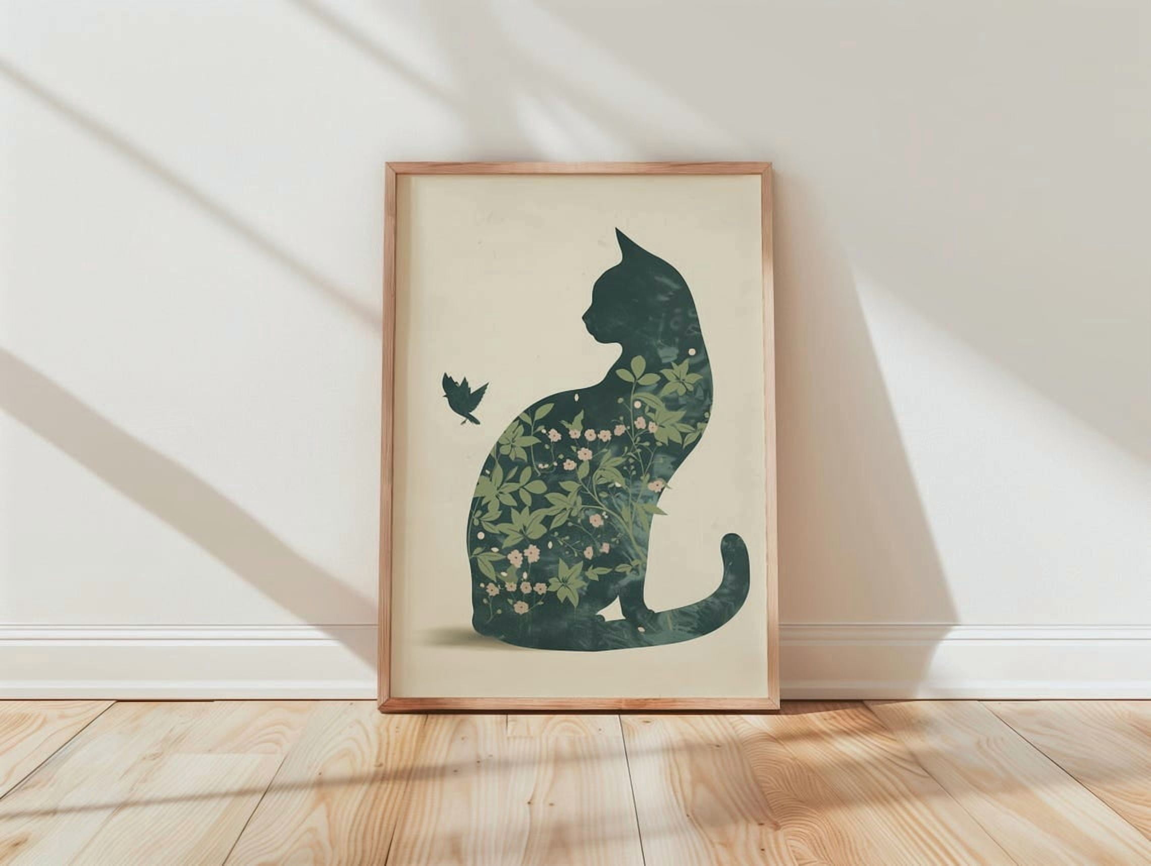 Dark Green Floral Cat Silhouette Botanical Living Room Wall Art ...