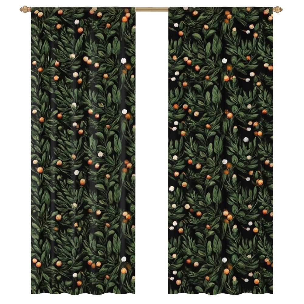 Dark Green Floral Leafy Pattern Modern Tulle Window Curtains for Living ...