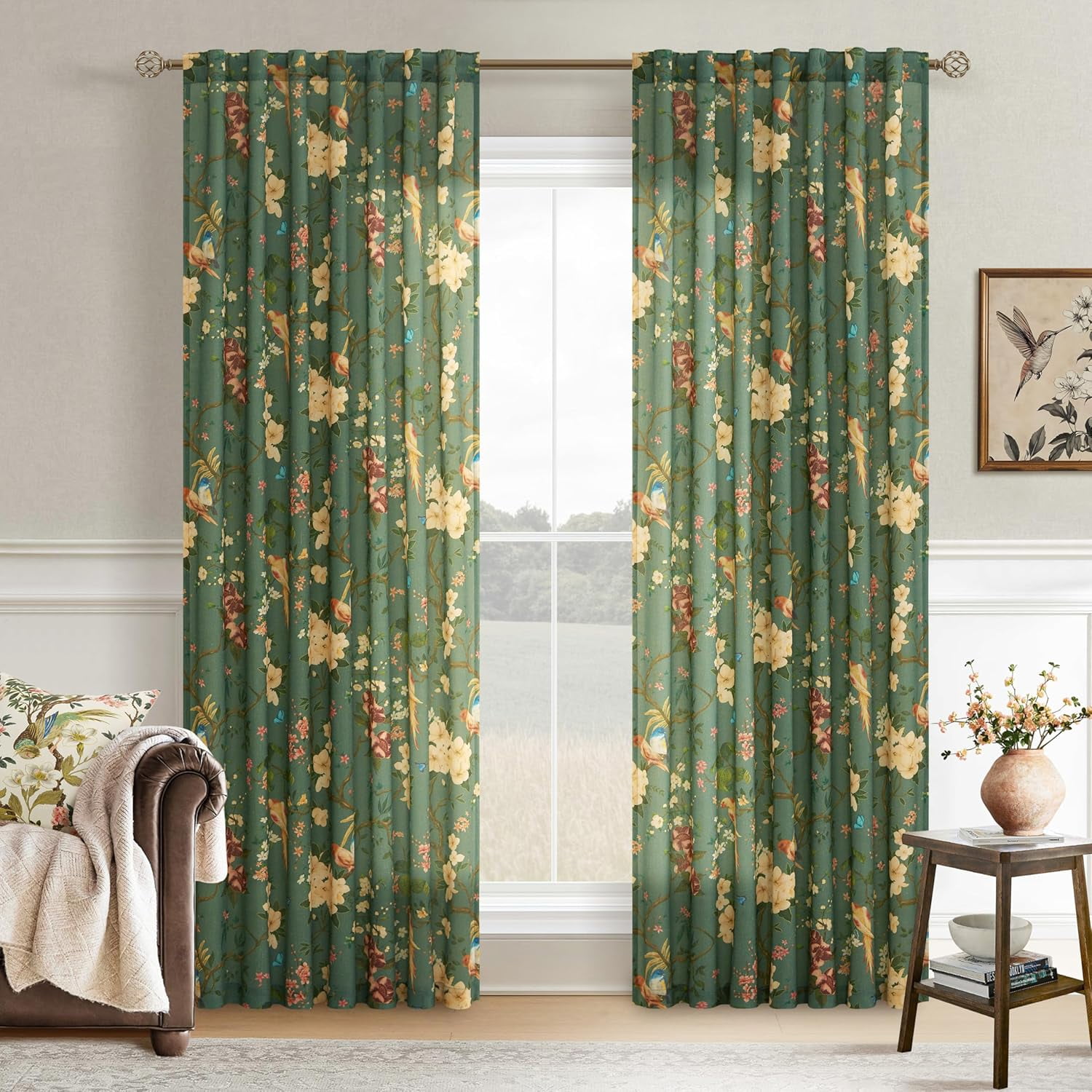 Dark Green Floral Linen Curtains 96 Inches Long for Living Room 2 ...