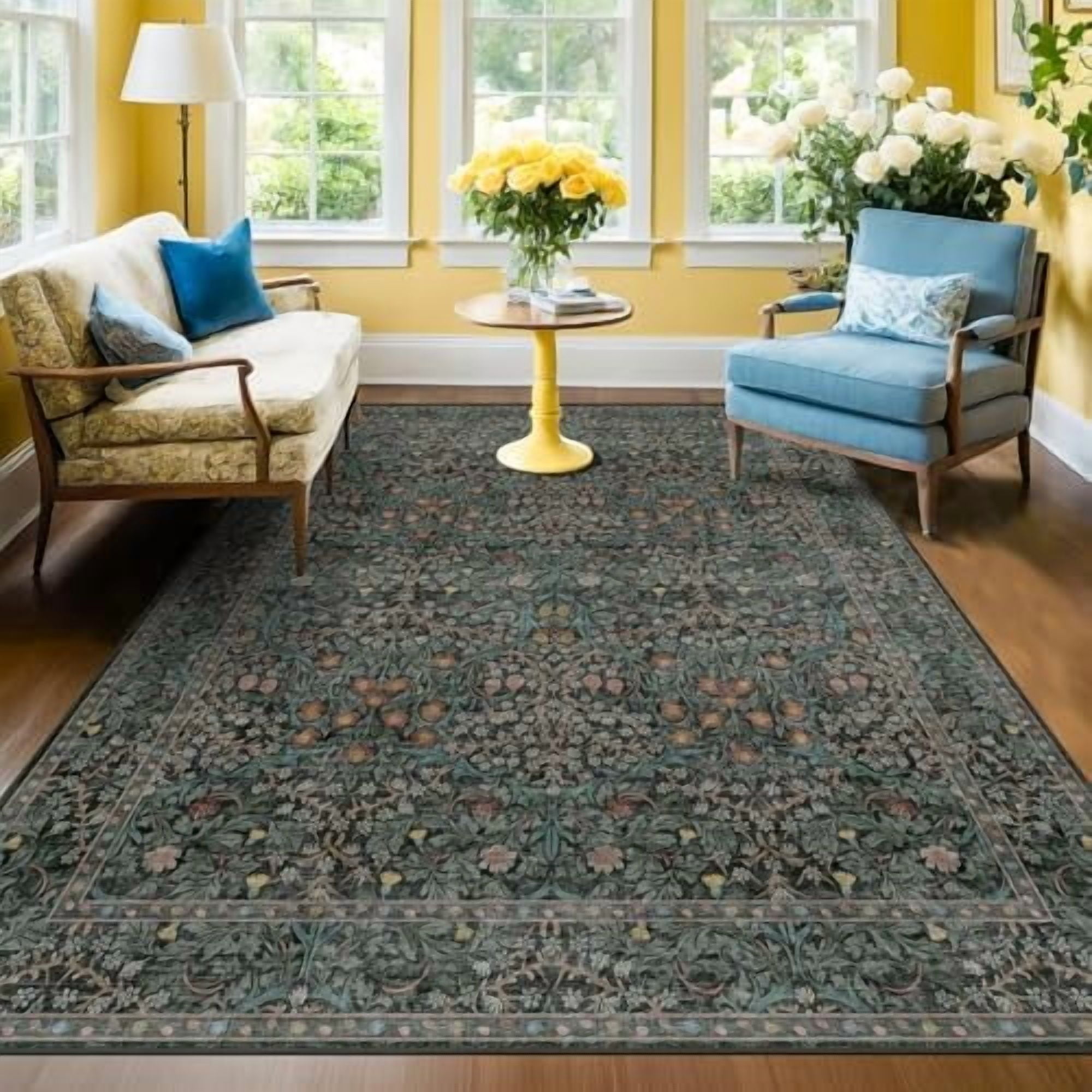 Dark Green Floral Living Room Rug 5x7 Area Rug - Vintage Forest ...