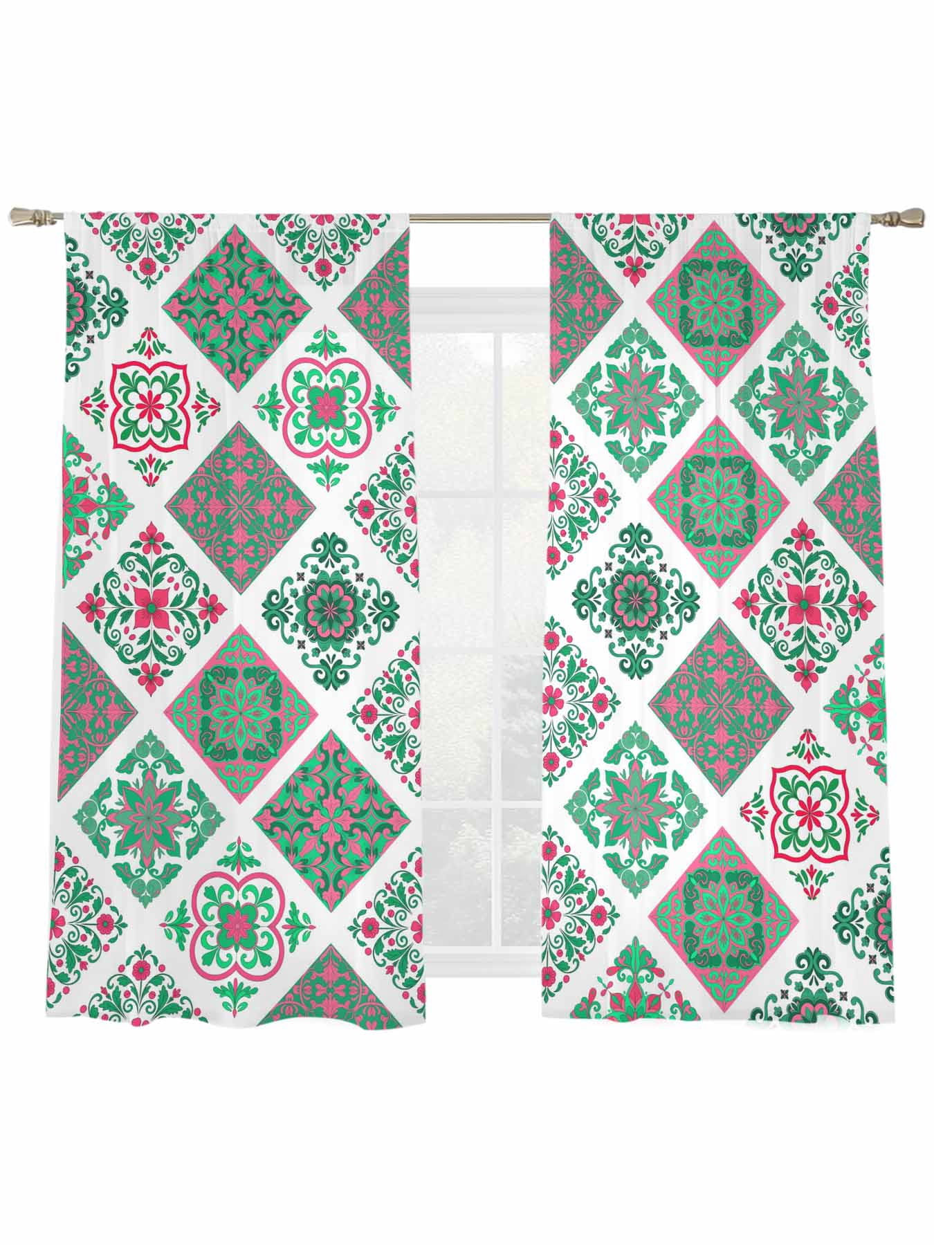 Dark Green Floral Pattern Sheer Curtains 2 Panels Set Pink Flowers ...