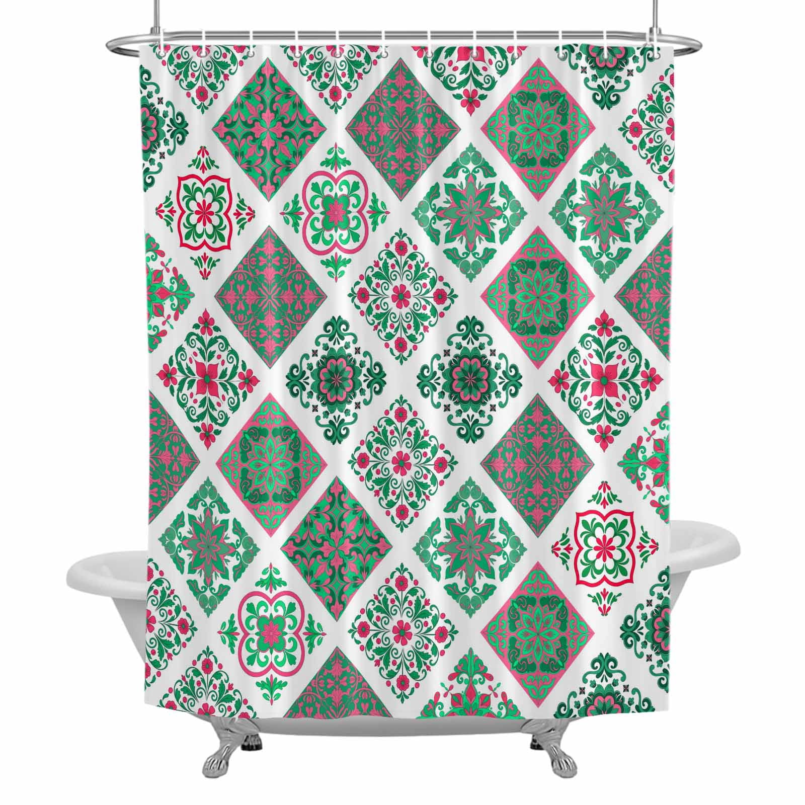 Dark Green Floral Pattern Shower Curtain for Bathroom, Pink Flowers ...