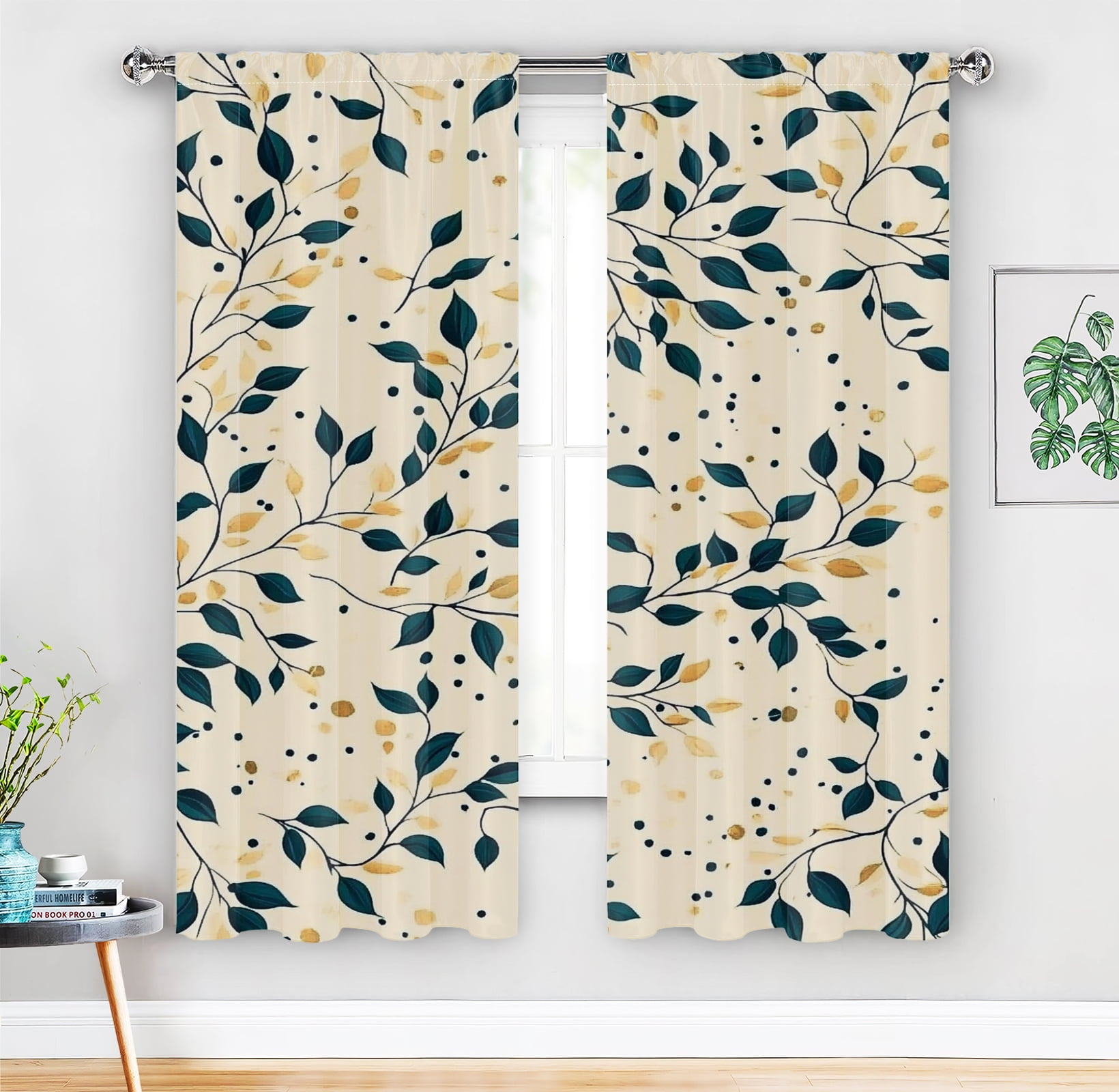 Dark Green Floral Print Blackout Drapes – Beige Background and Vintage ...
