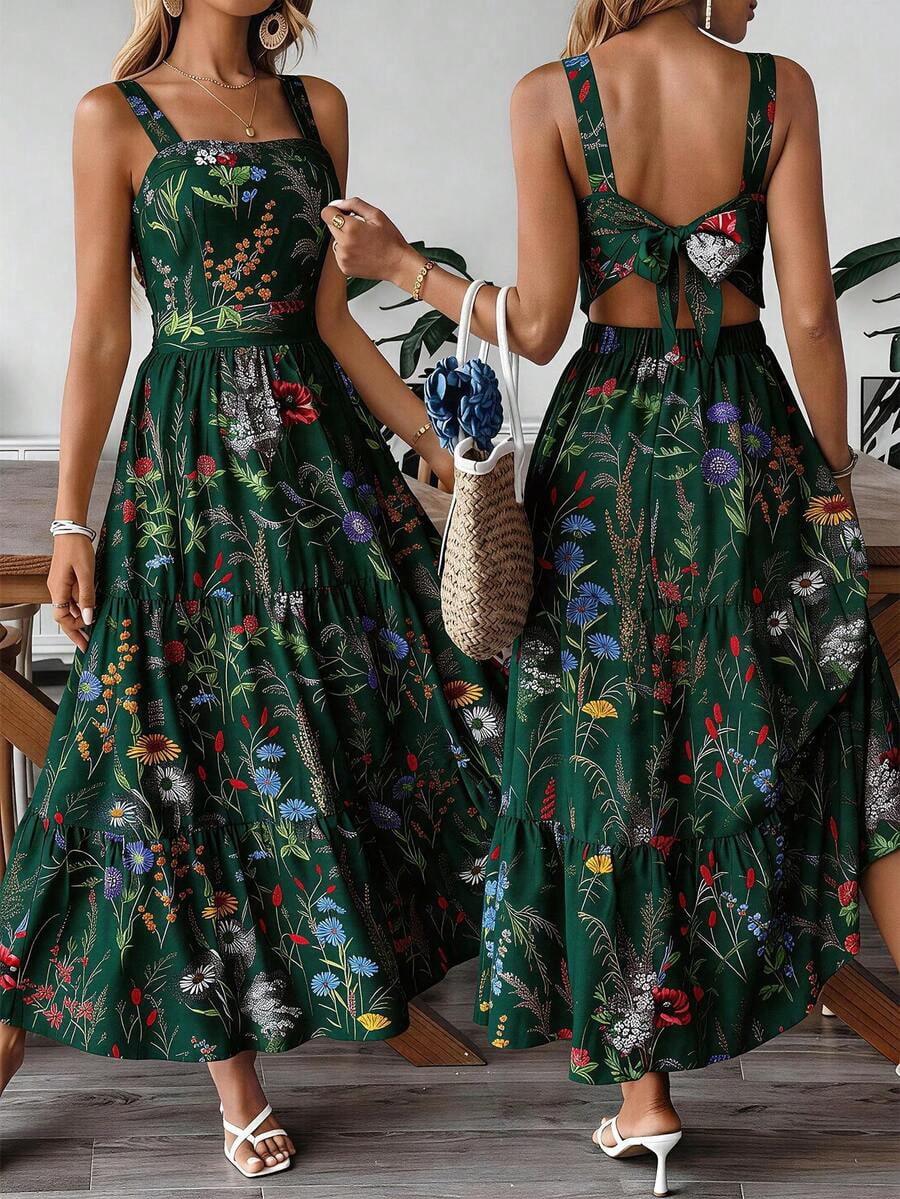 Dark Green Floral Print Tie-Back Bow Elastic Waist Casual Maxi Slip ...
