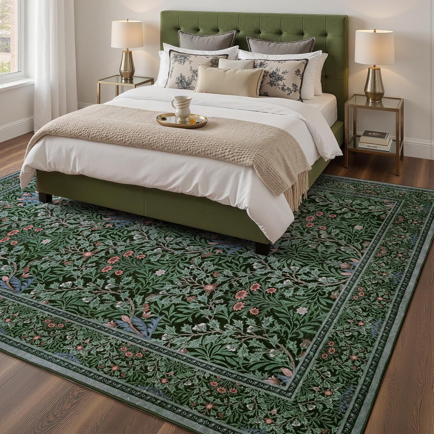 Dark Green Floral Washable Rugs 5x7, Vintage Forest Green Rugs for ...