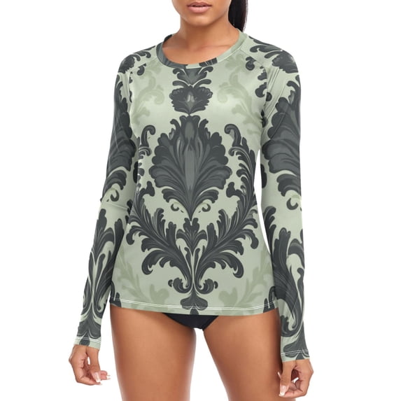 Dark Green Flower Pattern Women's Rash Guard Shirts UPF 50+ Sun ...