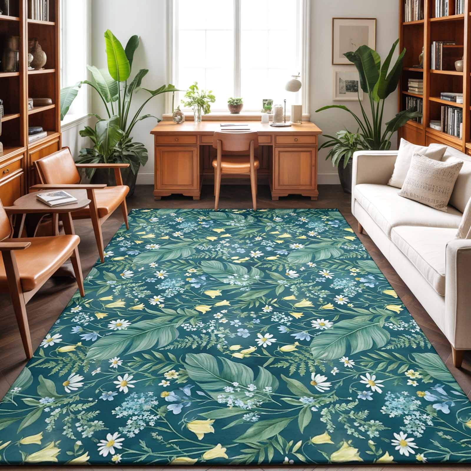 Dark Green Flower Washable Area Rug 2.7 x 5 ft Spring Blue Yellow ...