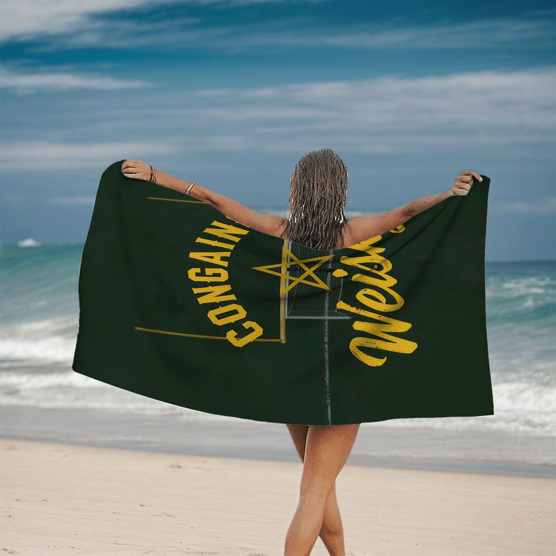 Dark Green Football Goal Design Beach Towel - Golden Star Accent ...