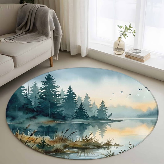 Dark Green Forest 3.3' Round Rug for Bedroom Reading Corner, Watercolor ...