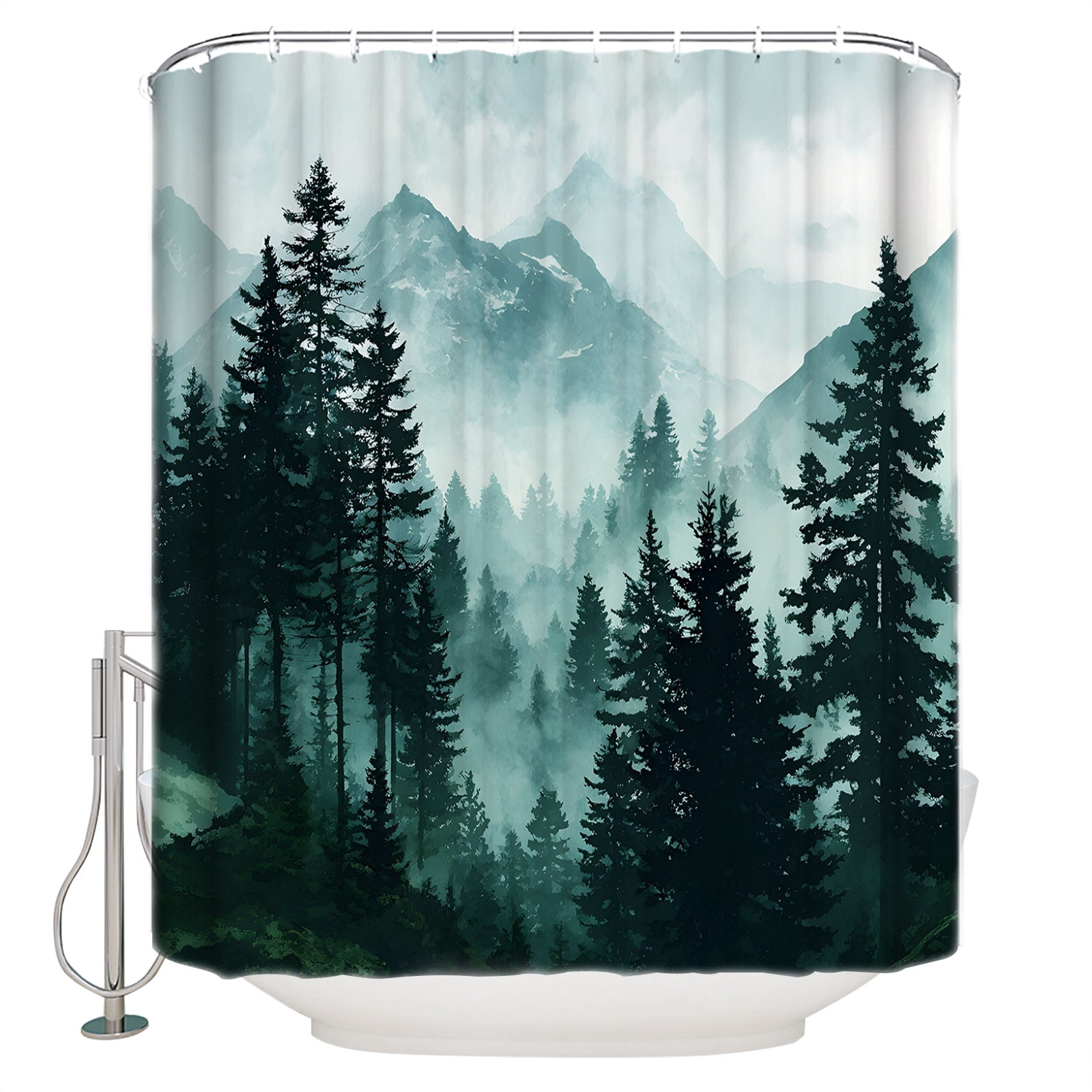 Dark Green Forest Bathroom Shower Curtains with 12 Hooks Polyester ...