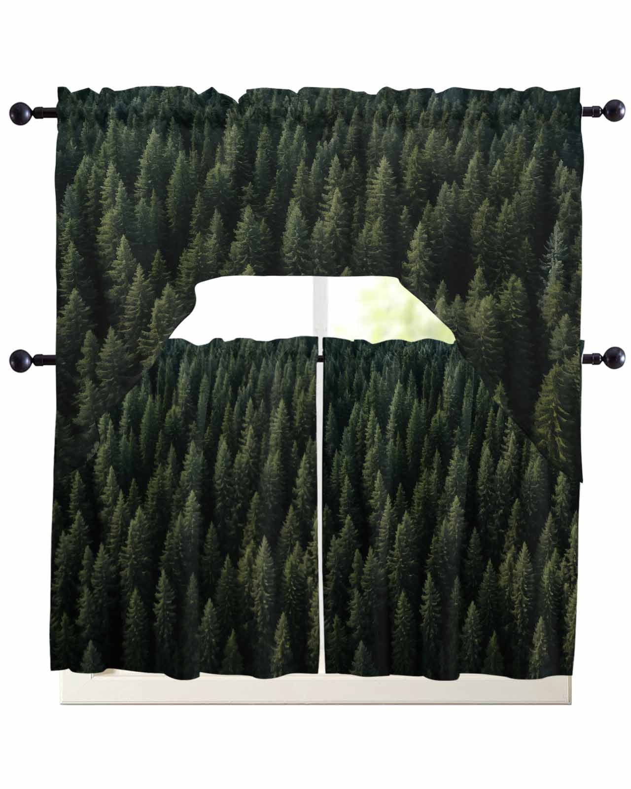 Dark Green Forest Kitchen Curtain and Valance Set 3 Pieces,Rod Pocket ...