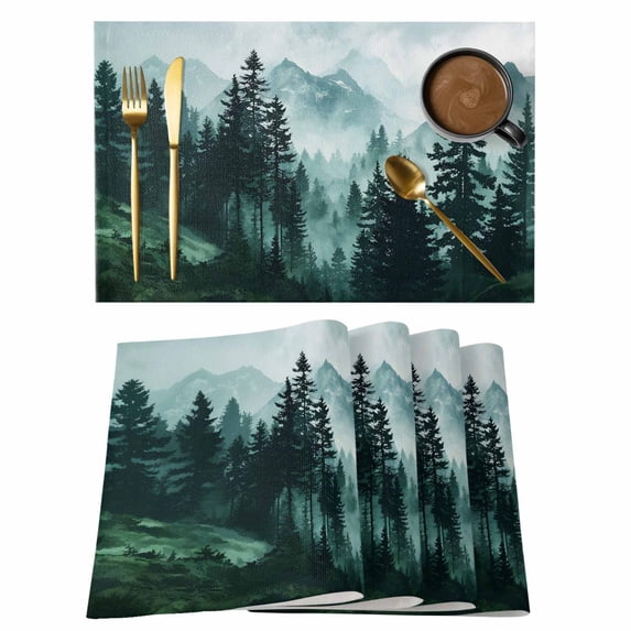 Dark Green Forest Placemats Set of 8 Nature Foggy Mountain Pine Tree ...