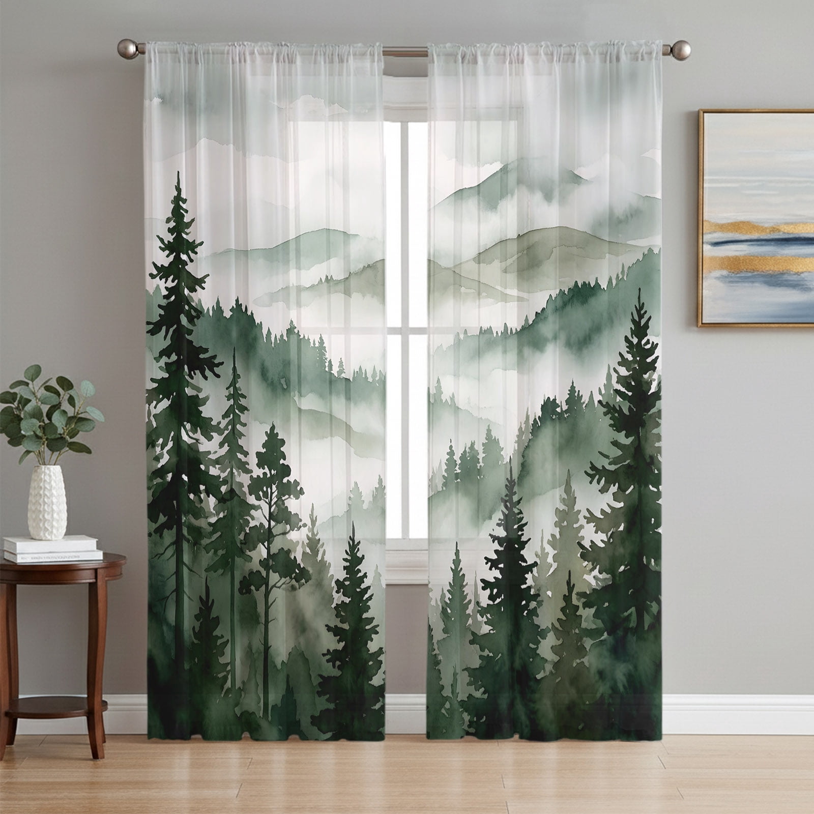Dark Green Forest Sheer Curtains for Living Room Bedroom Watercolor ...