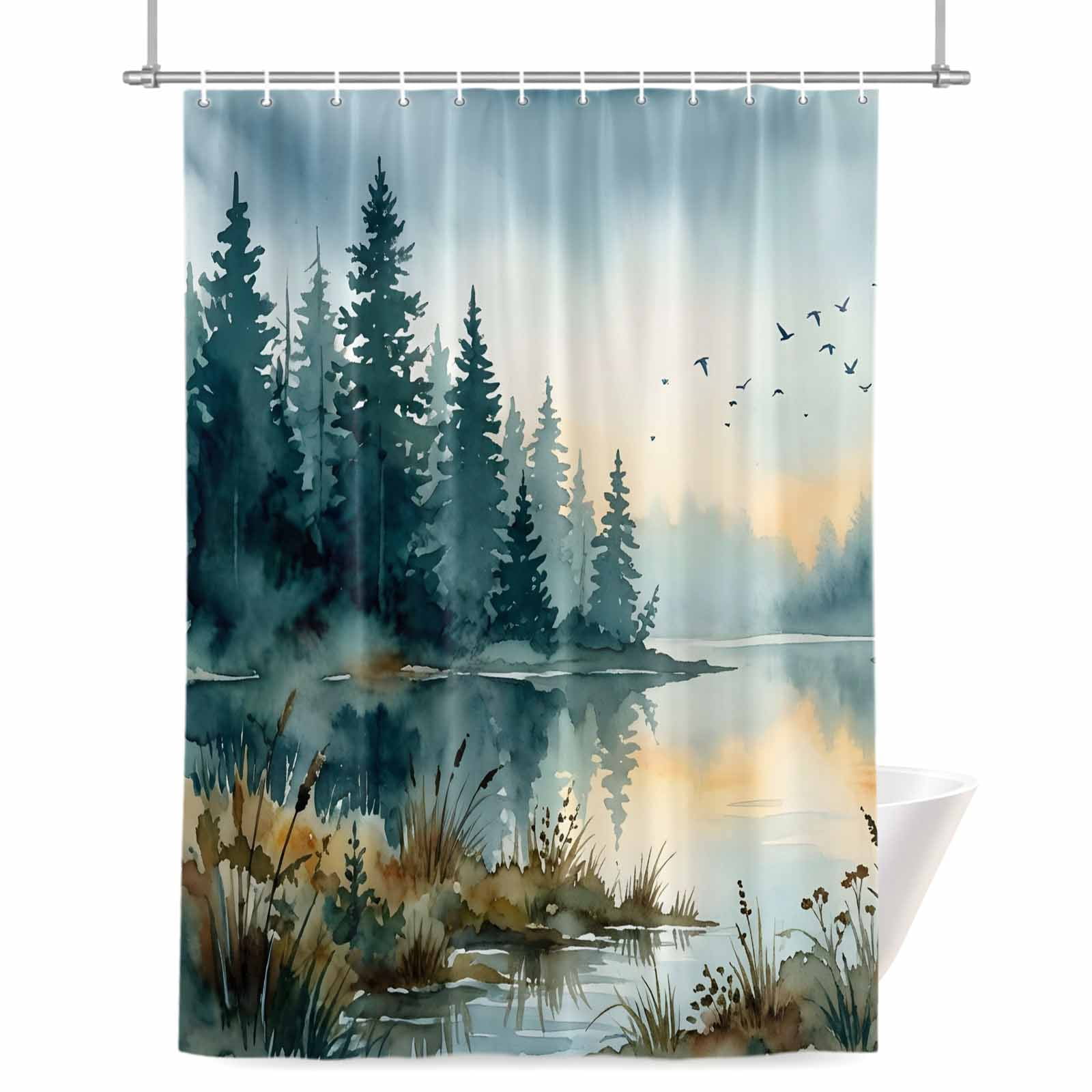 Dark Green Forest Shower Curtains for Bathroom, Watercolor Bird Lake ...