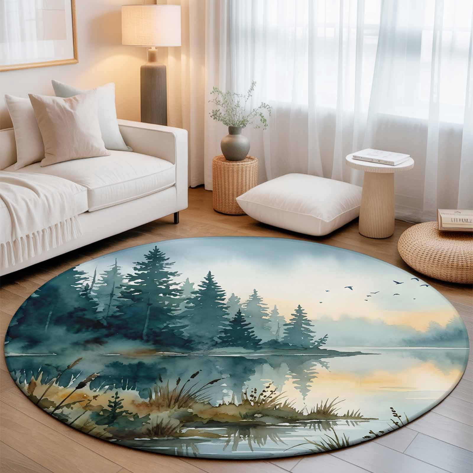 Dark Green Forest Washable Round Area Rug 3 ft, Watercolor Bird Lake ...