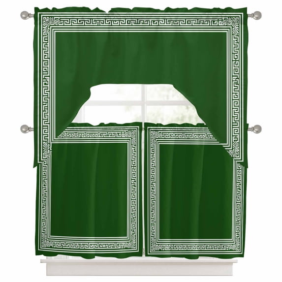 Dark Green Geometric 3 Pieces Swag Kitchen Curtains Set, White Greek ...