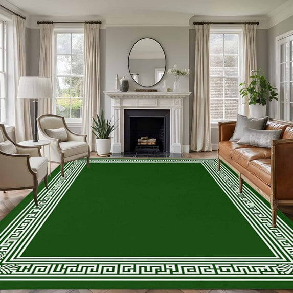 Dark Green Geometric 6x9 Area Rugs, White Greek Key Design Abstract ...
