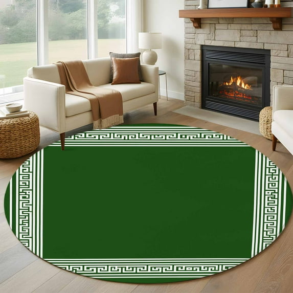 Dark Green Geometric 8ft Round Rug, White Greek Key Design Abstract ...