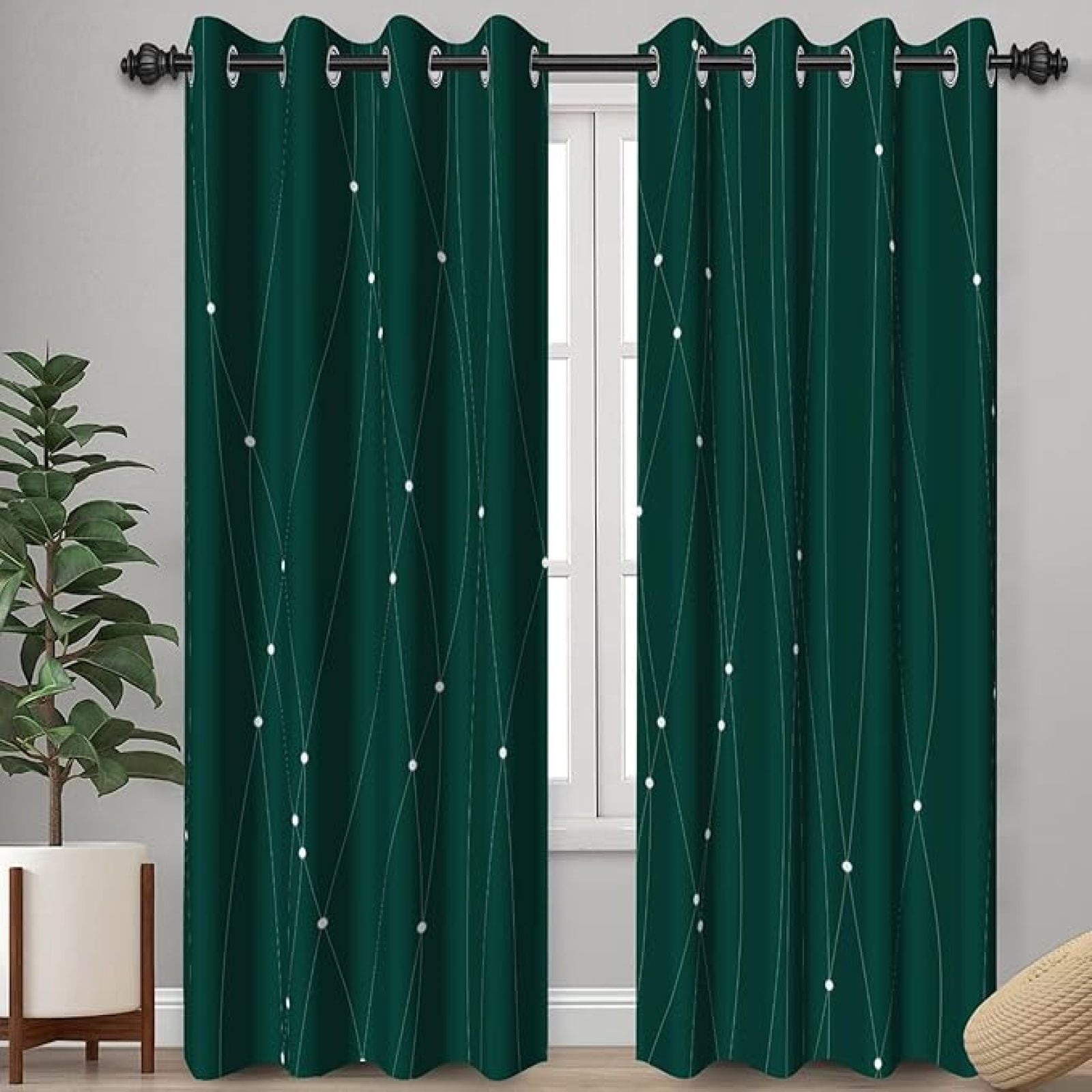 Dark Green Geometric Pattern Curtains For Living Room, Modern Line ...