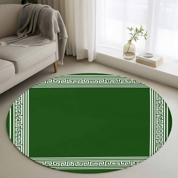 Dark Green Geometric Round Rugs 4ft, White Greek Key Design Abstract ...