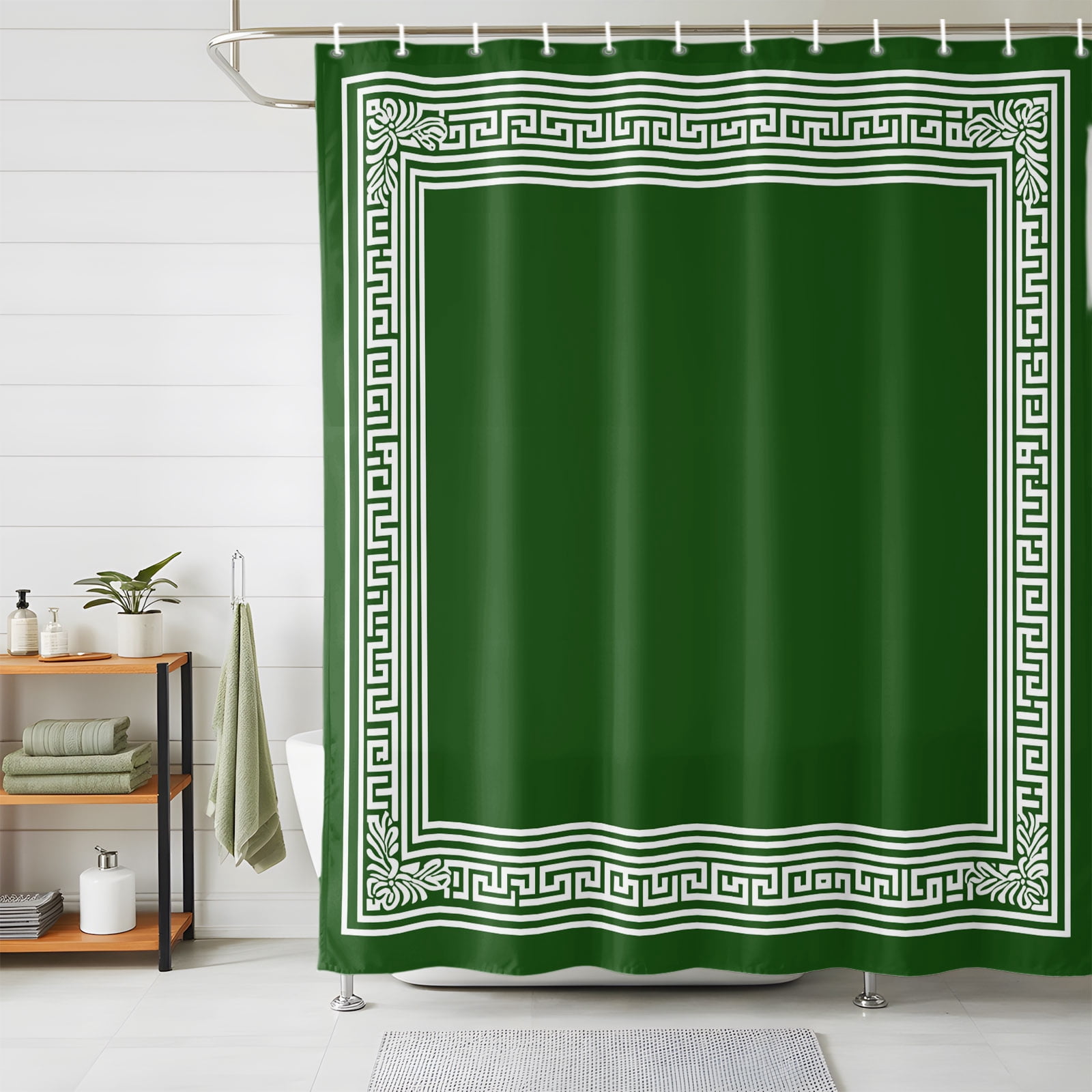 Dark Green Geometric Shower Curtains for Bathroom, White Greek Key ...