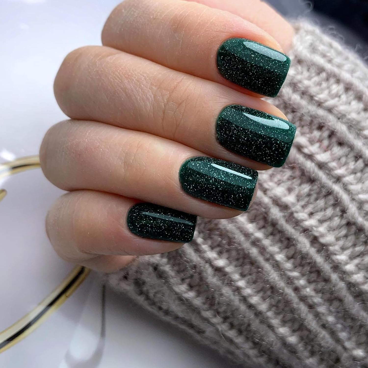 Dark Green Glitter Press on Nails Short Medium Nails Glue On ...