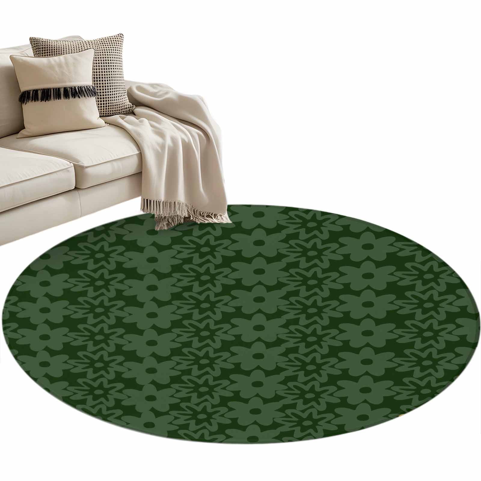 Dark Green Gold Floral Round Area Rugs Collection 3.3', Modern Abstract ...
