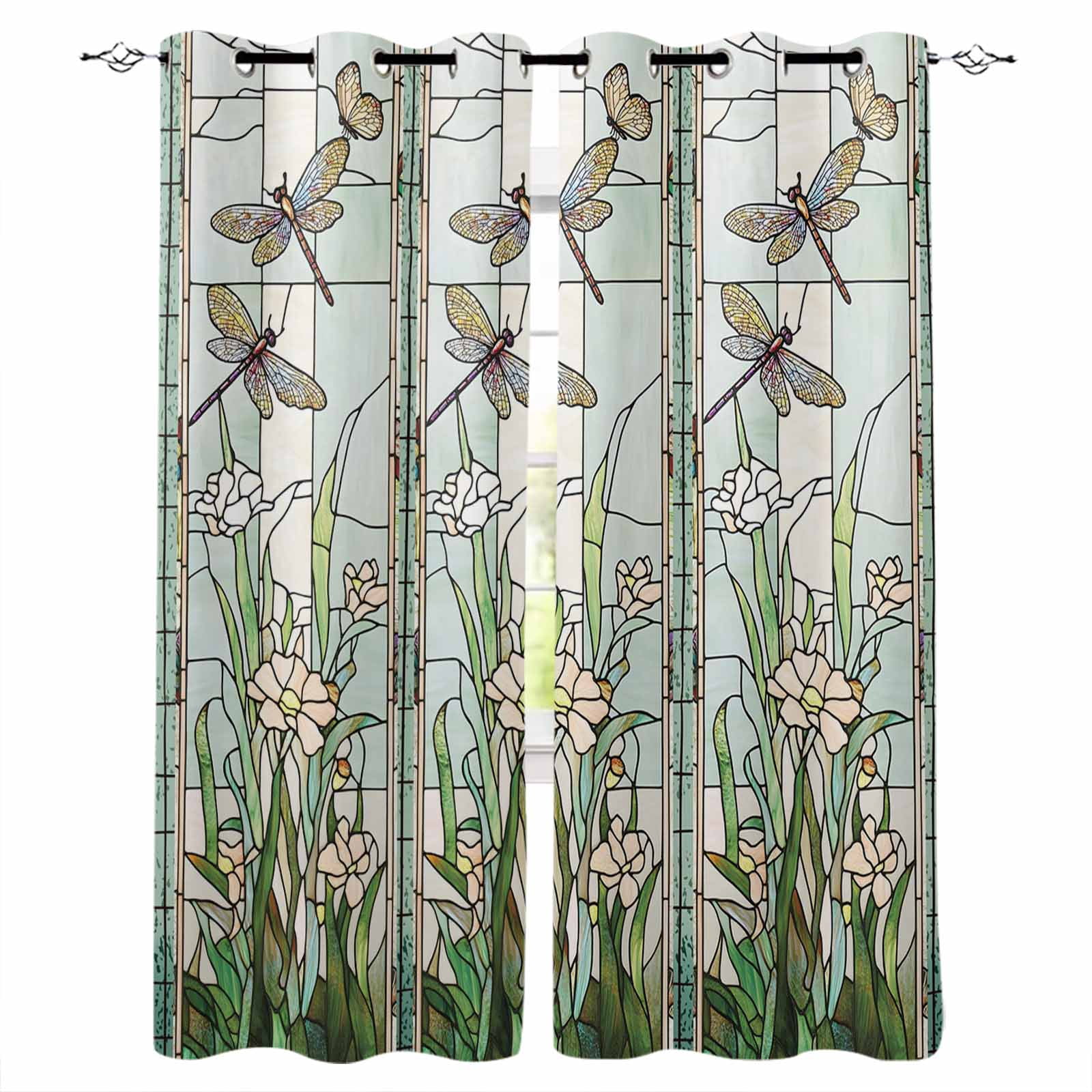 Dark Green Grass Blackout Curtains 72 Inches Long for Bedroom, Flower ...