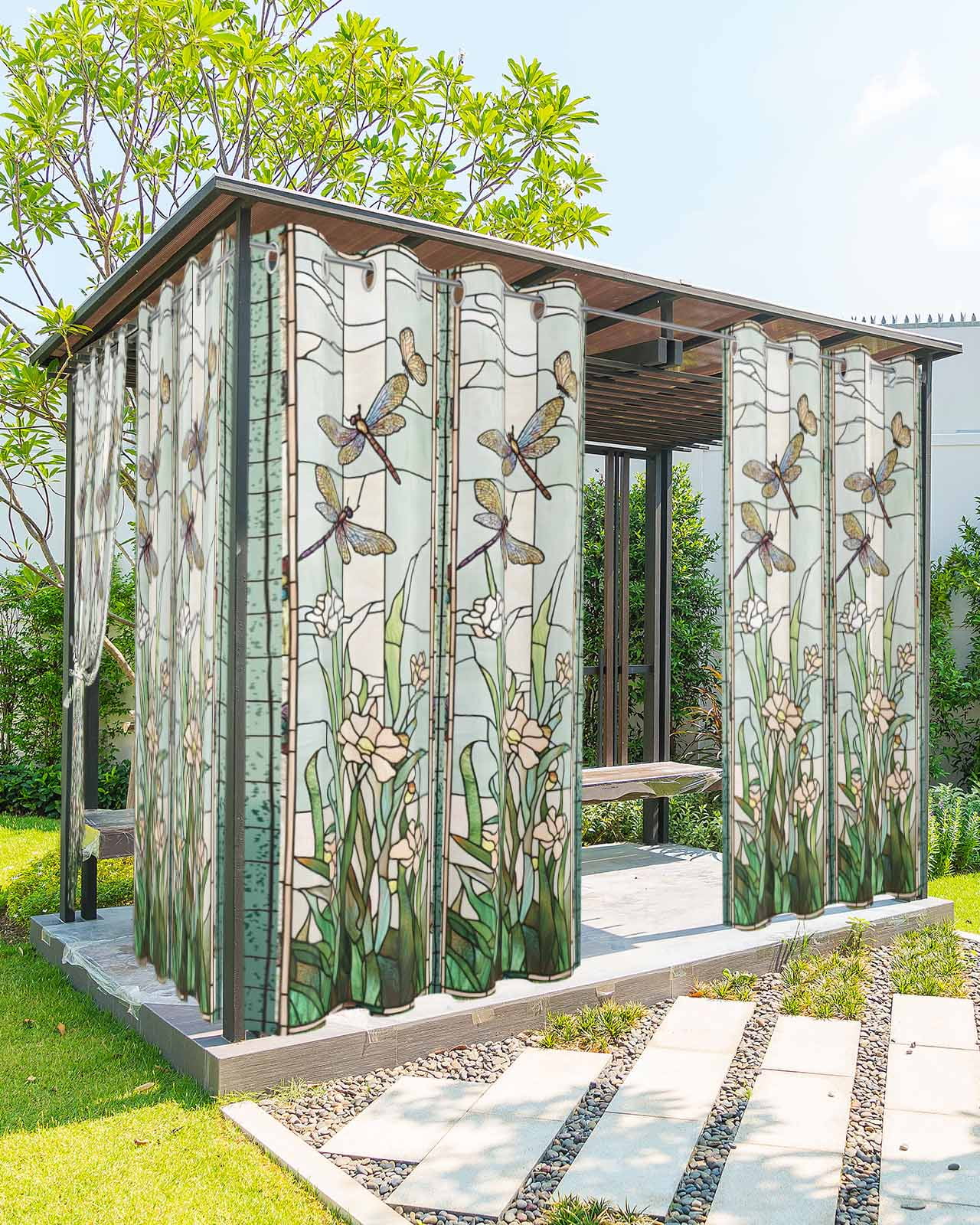 Dark Green Grass Outdoor Curtains for Patio, Flower Dragonfly Retro ...
