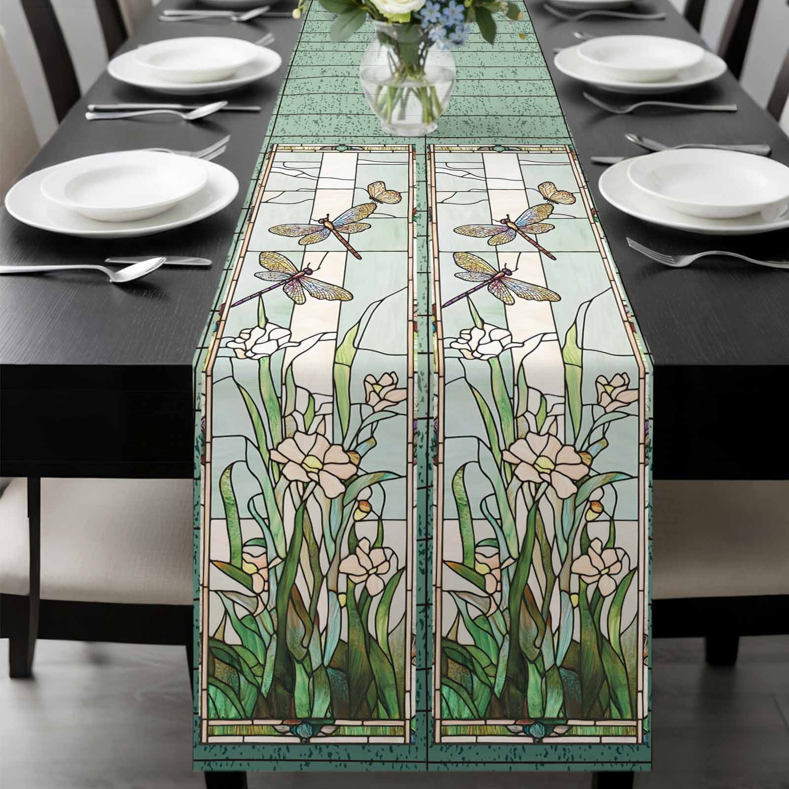 Dark Green Grass Table Runner 70 Inches Long, Flower Dragonfly Retro ...