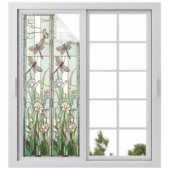 Dark Green Grass Window Privacy Film, Flower Dragonfly Retro Pastoral ...