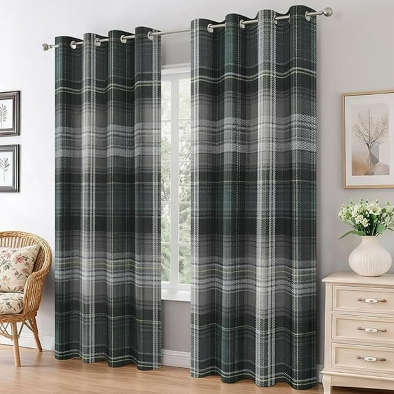 Dark Green Grey Plaid Blackout Curtains for Bedroom, Thermal Classic ...