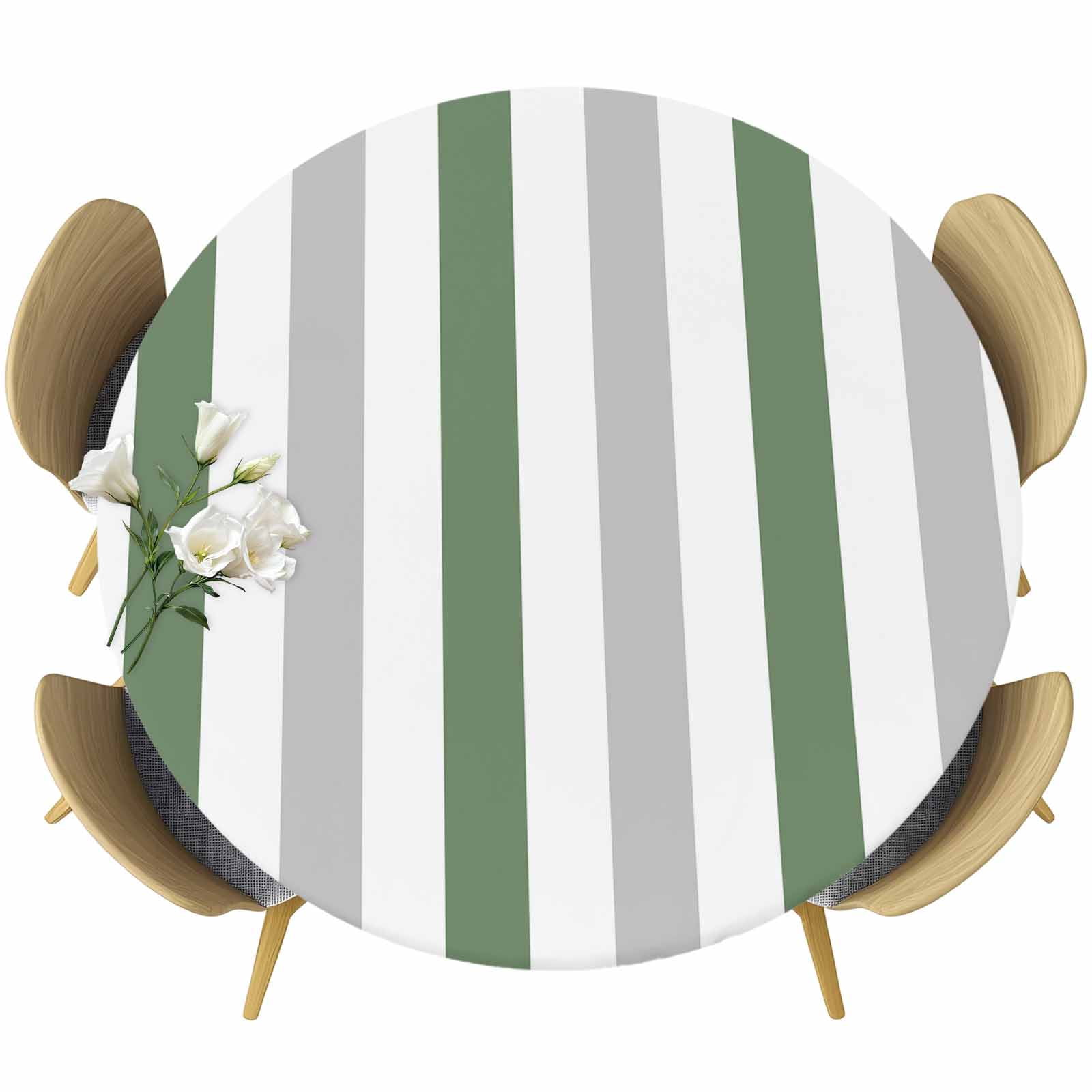 Dark Green Grey Stripe Round Fitted Tablecloth with Elastic Edge ...