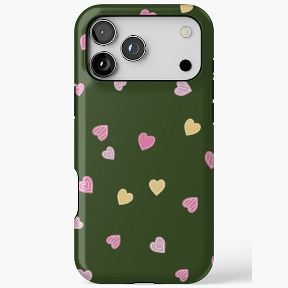 Dark Green Hand Drawn Hearts Print iPhone Case 11 through 17 Pro Max ...