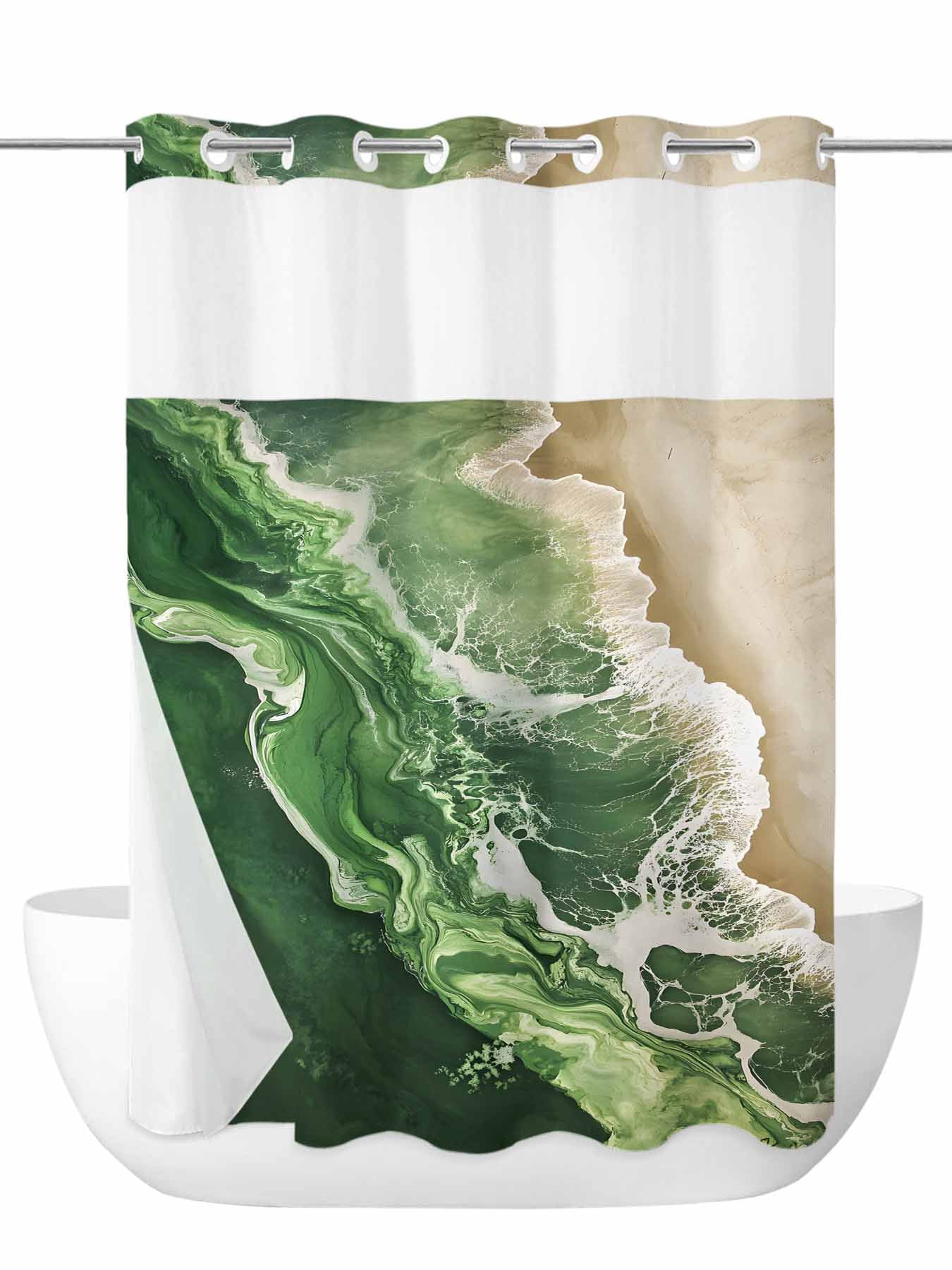 Dark Green No Hook Shower Curtain and Liner Set Beige Gradient Ocean ...