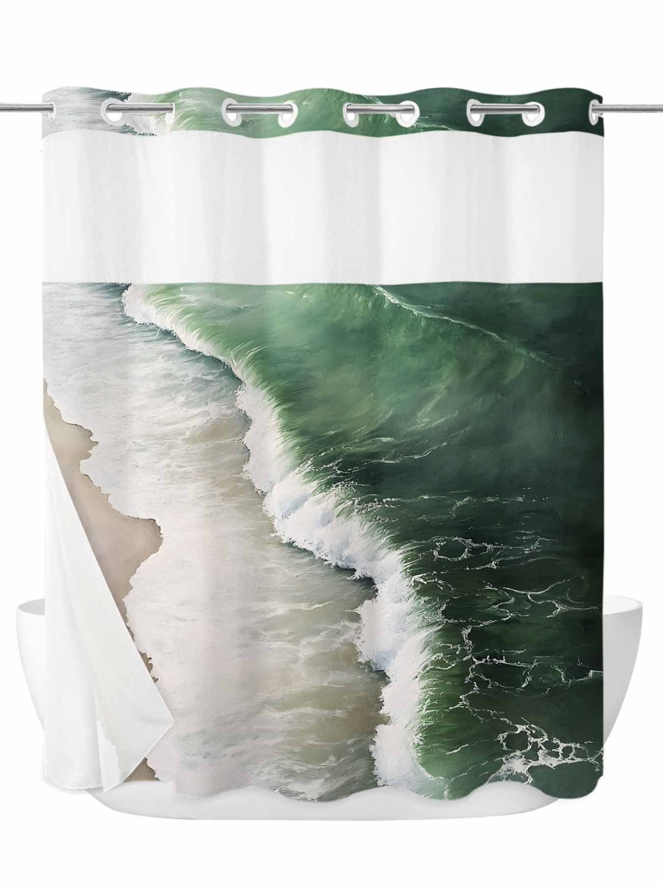Dark Green No Hook Shower Curtain and Liner Set Ocean Wave Beach ...