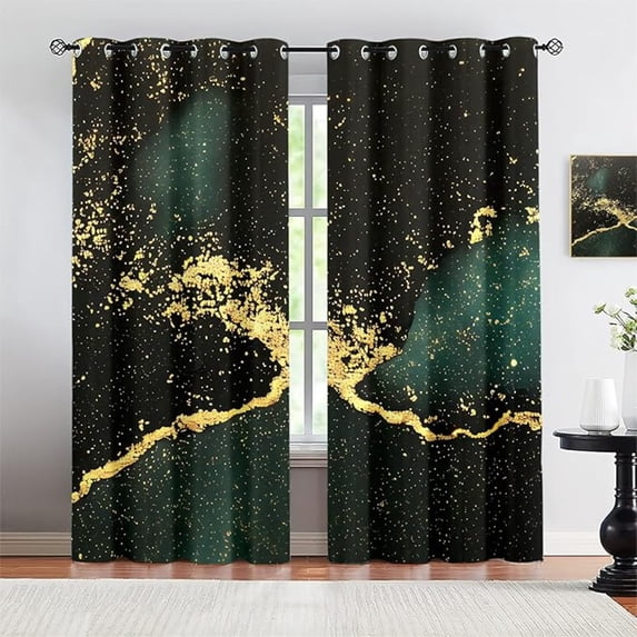 Dark Green Ink Texture Curtains For Bedroom, Modern Gold Leaf Marble ...