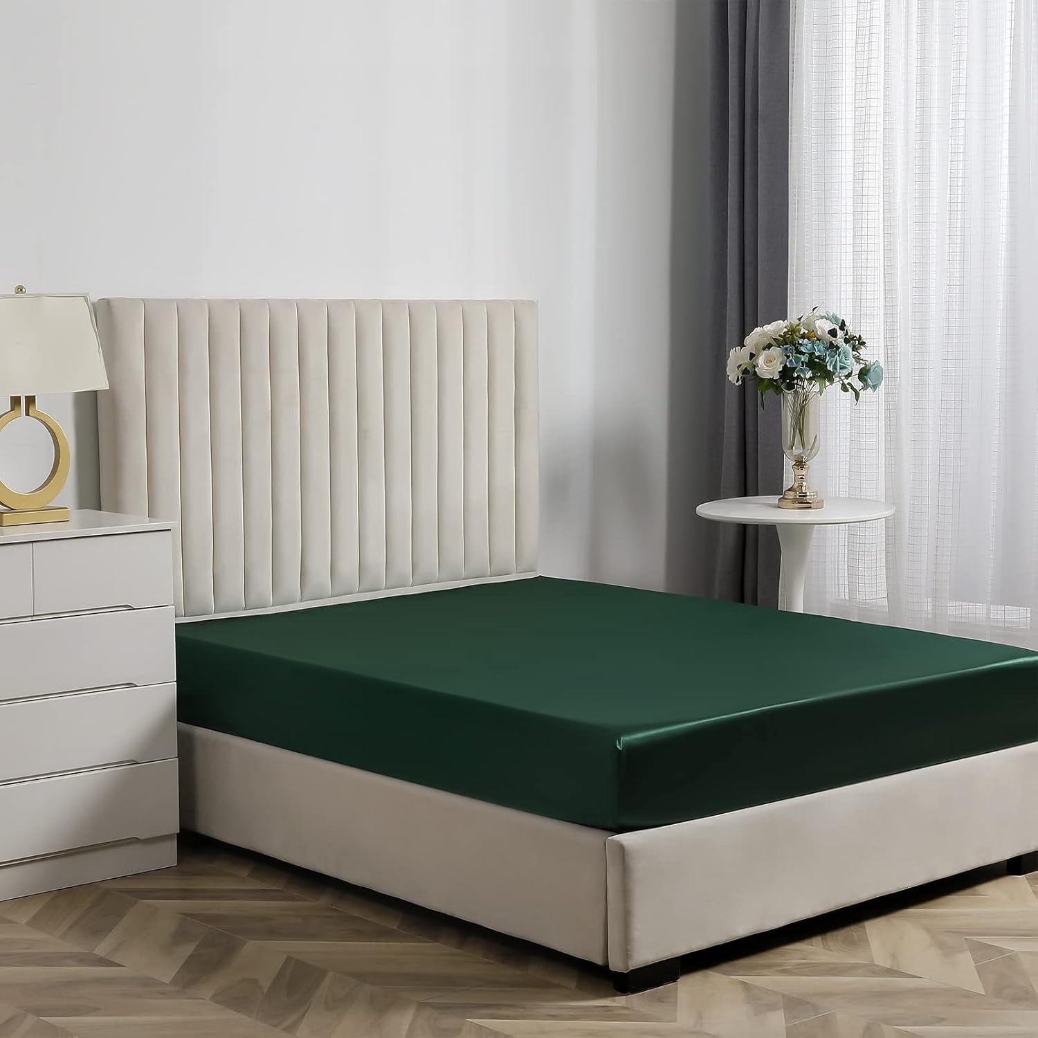 Dark Green King Satin Fitted Sheets Only for Double Bed, Cooling Smooth ...