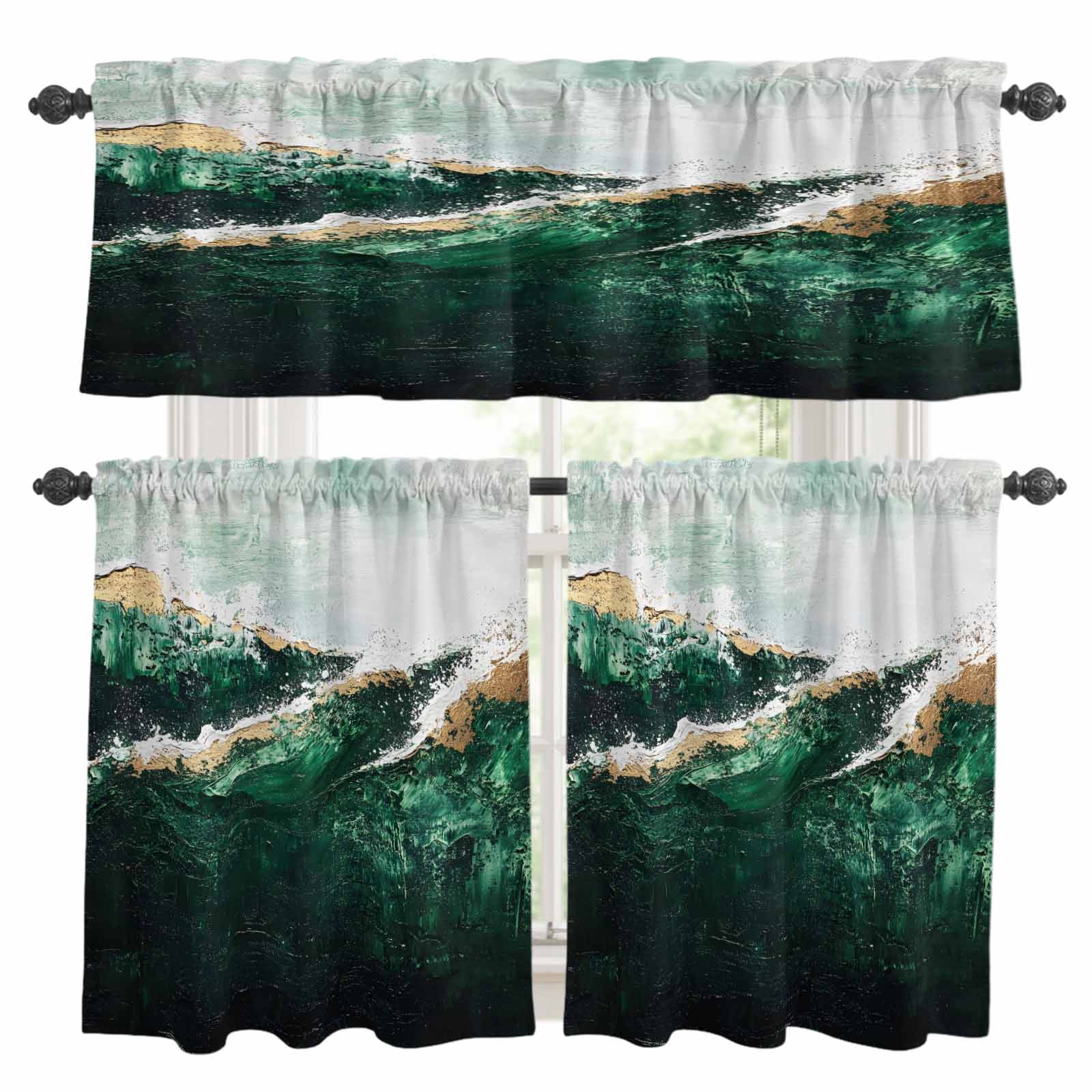 Dark Green Kitchen Curtains Set for Windows, White Ocean Wave Texture ...