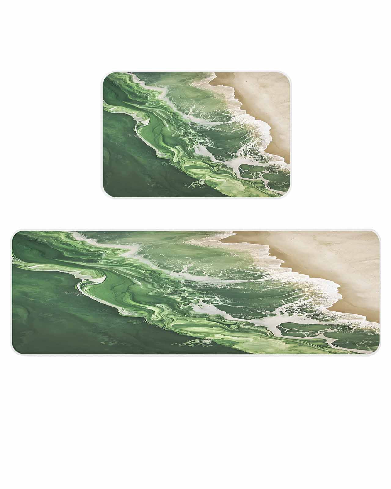 Dark Green Kitchen Mats for Floor 2 Piece, Beige Gradient Ocean Wave ...