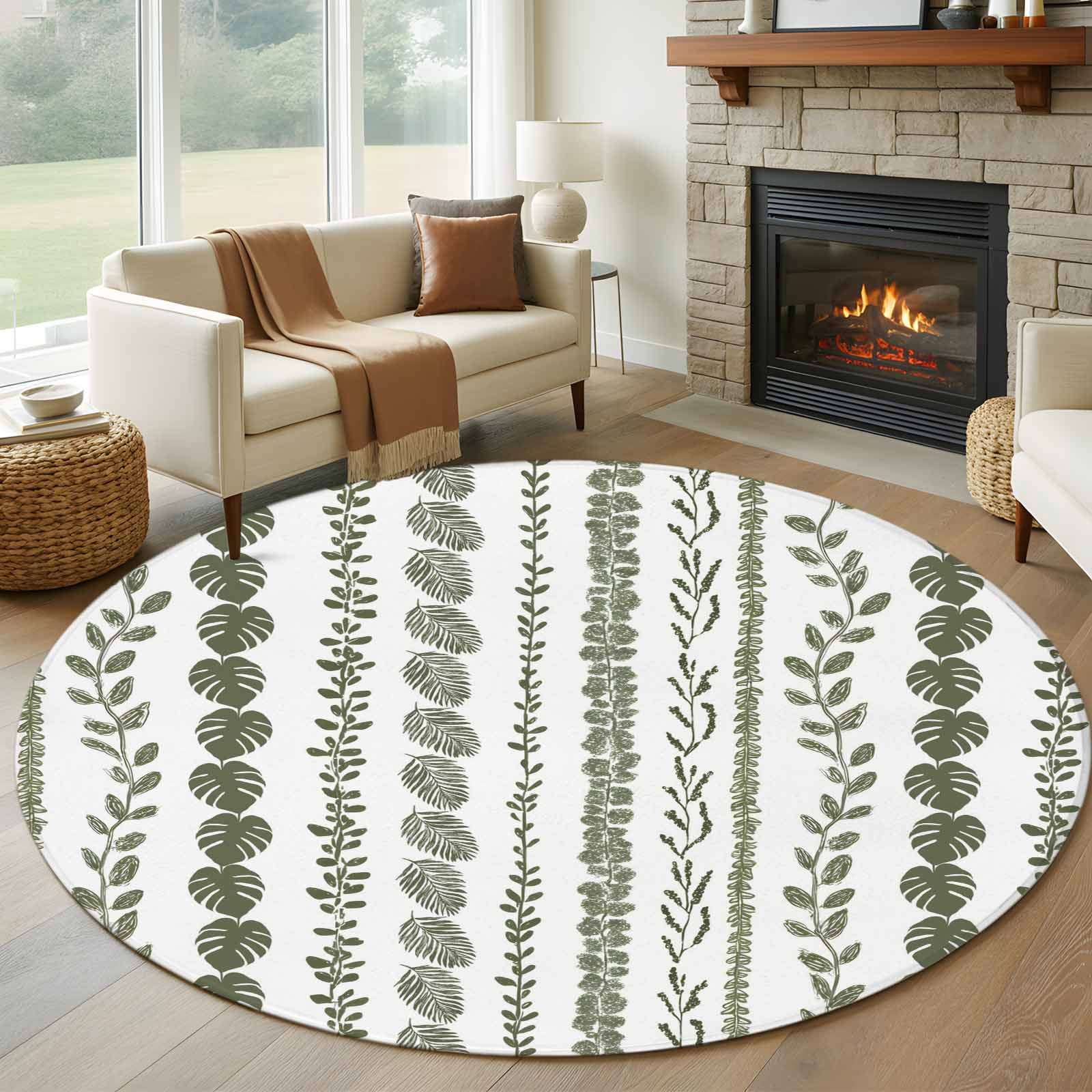 Dark Green Leaf 6FT Round Area Rugs for Living Room Summer Botanical ...