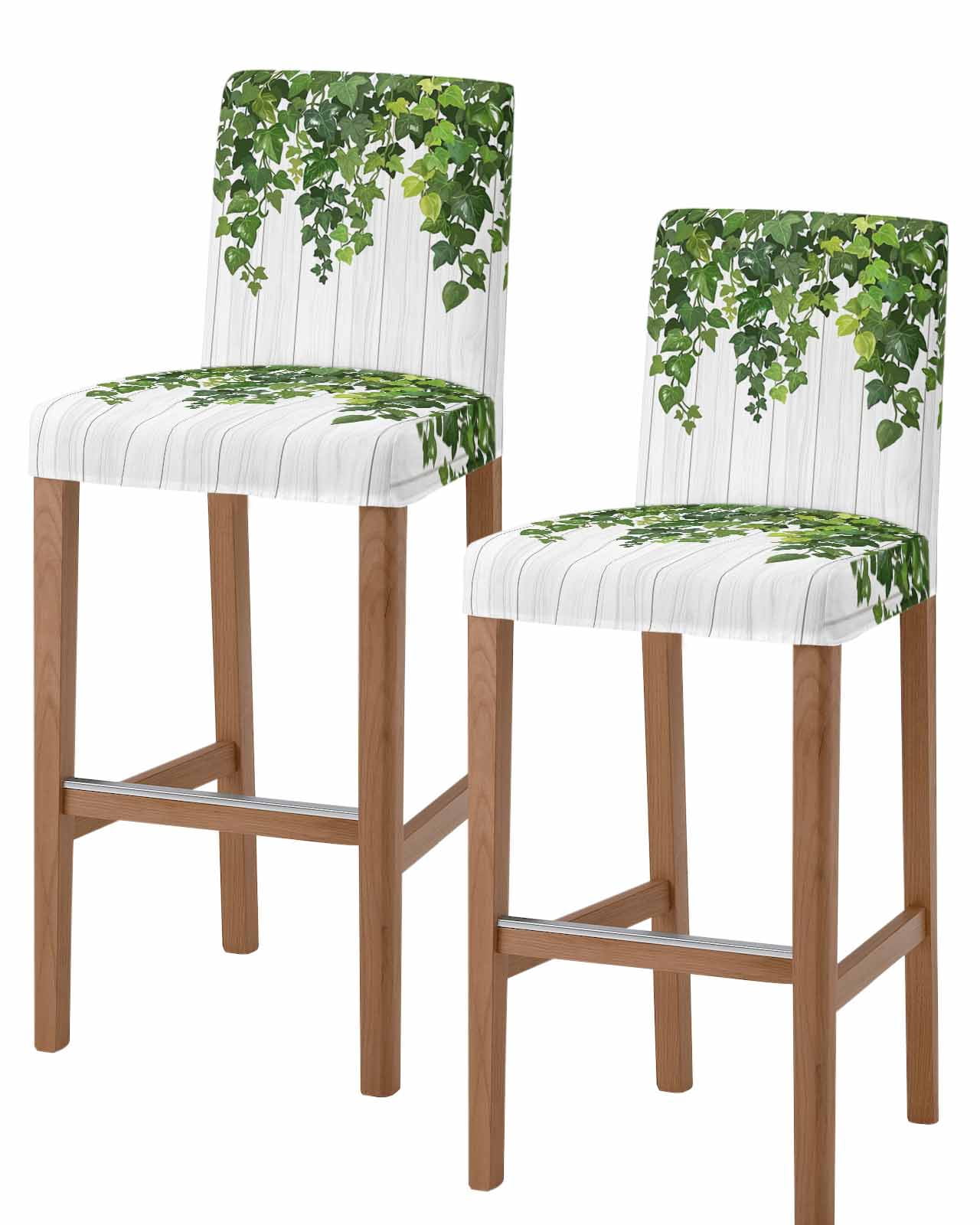 Dark Green Leaf Bar Stool Covers Set of 2, Spring Watercolor Plant ...