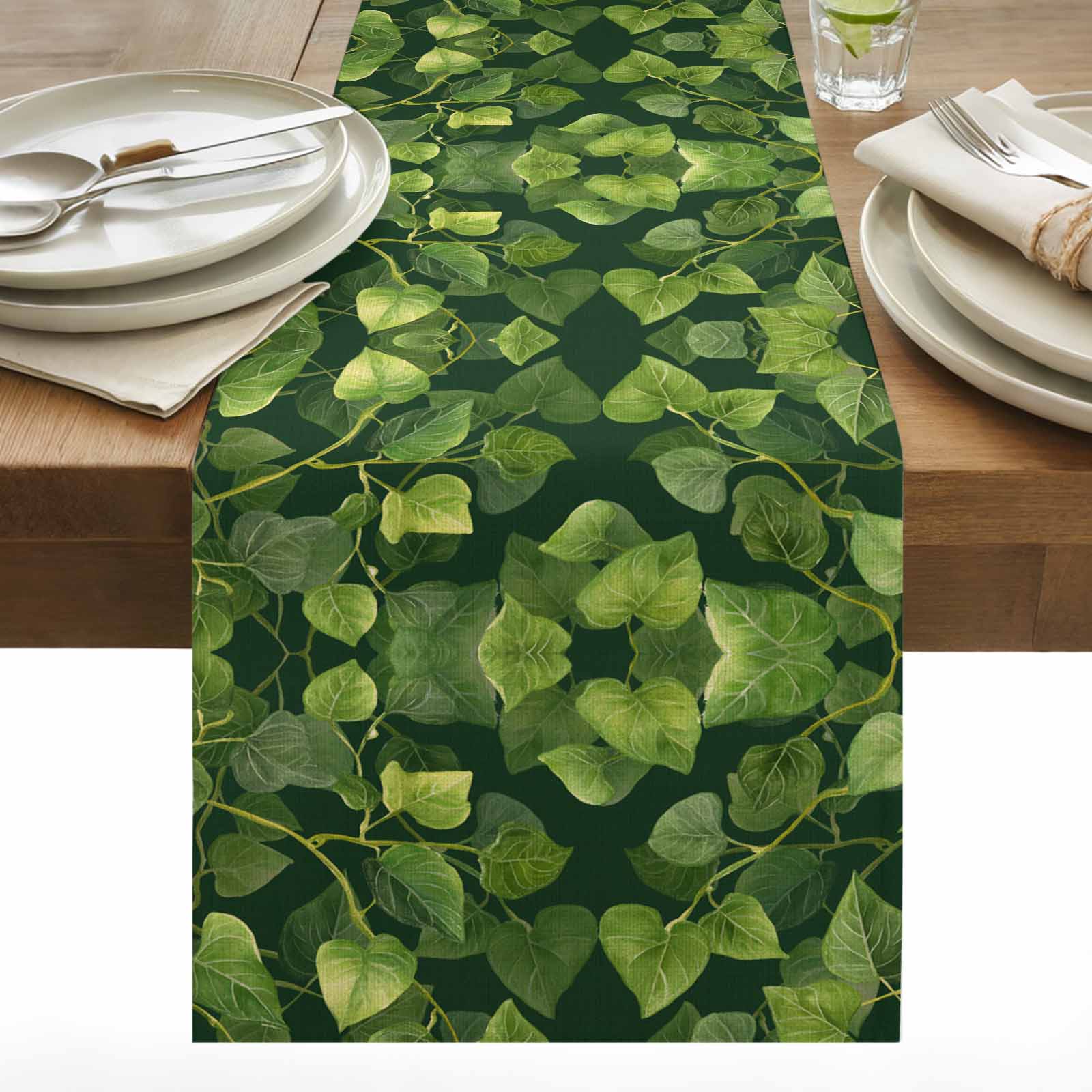 Dark Green Leaf Cotton Linen Table Runner Spring Watercolor Country ...