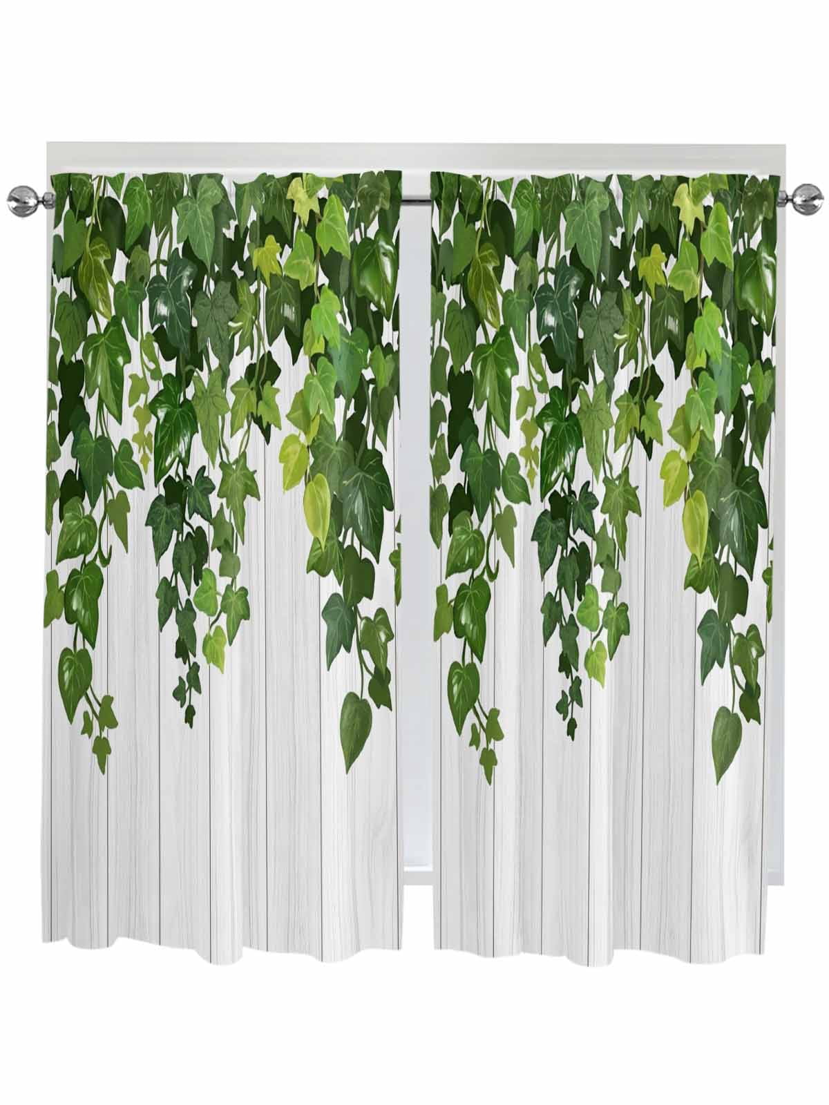 Dark Green Leaf Kitchen Curtains 72 Inch Length, Spring Watercolor ...