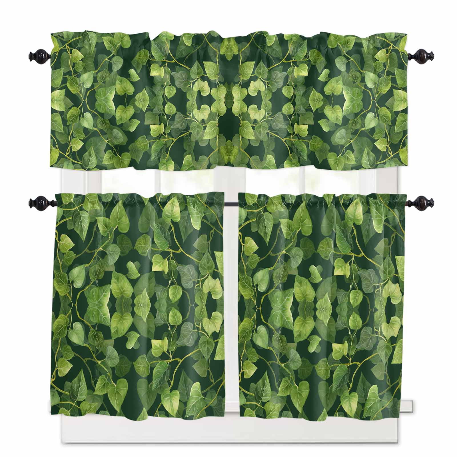 Dark Green Leaf Kitchen Curtains Valances and Tiers Set of 3 Spring ...
